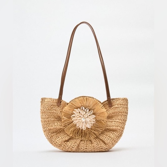 Zara | Bags | Nwt Zara Beige Raffia Shells Detail Tote Bag | Poshmark